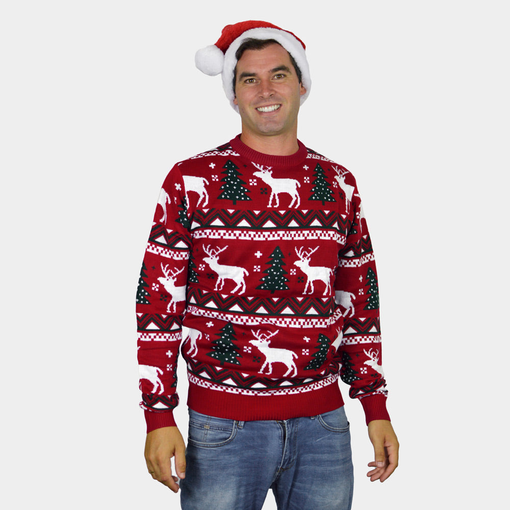 Suéter de Navidad para Hombre Rojo Árboles de Navidad y Renos – Suéter ...