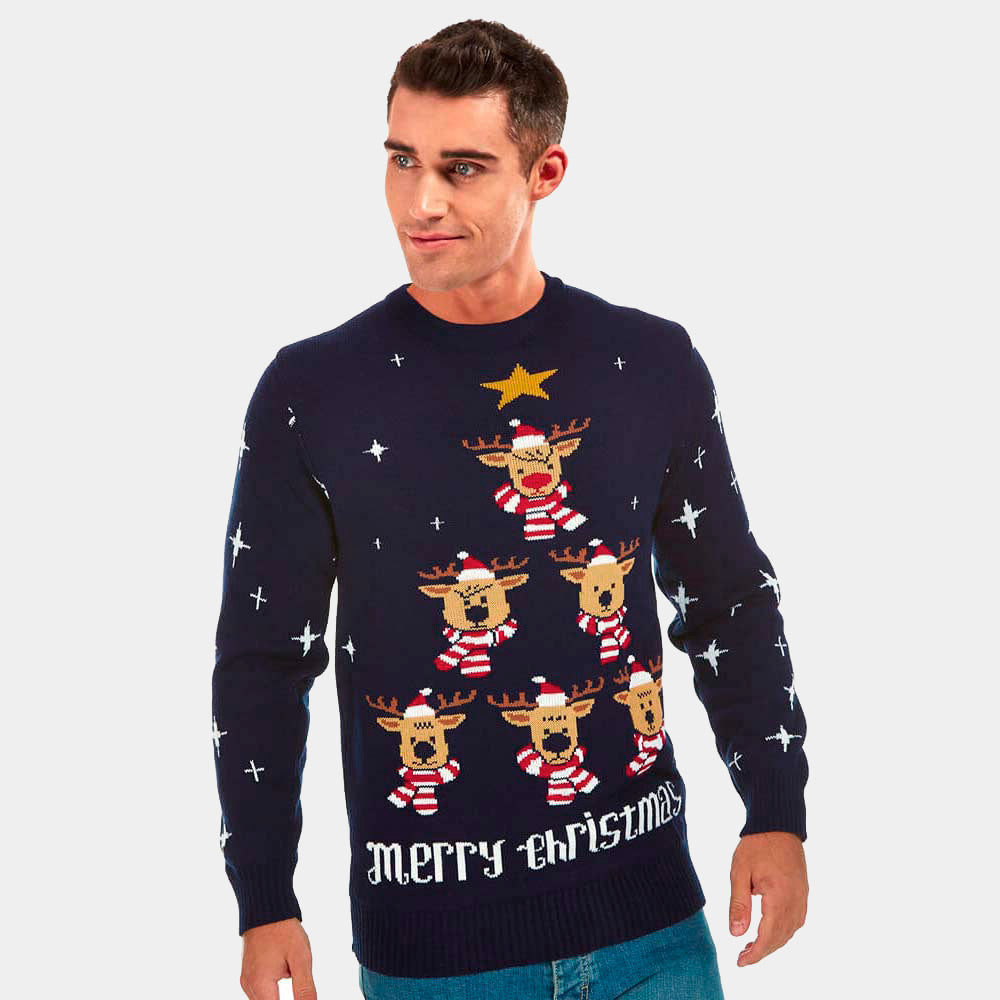 Suéter de Navidad Azul Renos para Hombre Árbol de Navidad y Estrella ...