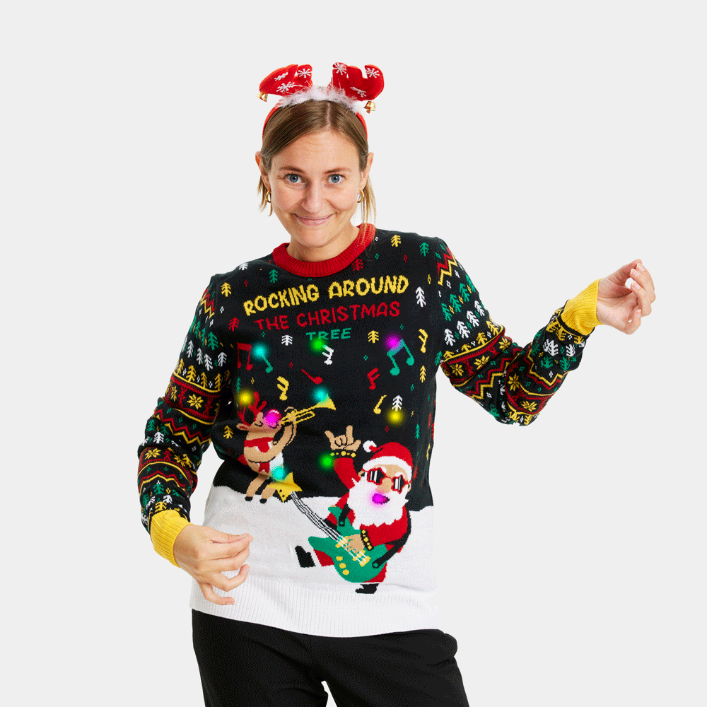 Suéter de Navidad con Luces LED para Mujer Santa Rockero – Suéter Navideño