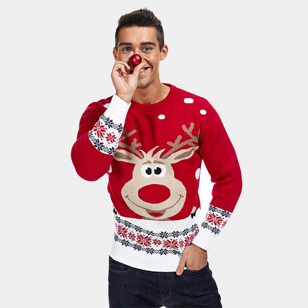 Suéter de Navidad para Hombre Rojo con Reno y Nieve – Suéter Navideño